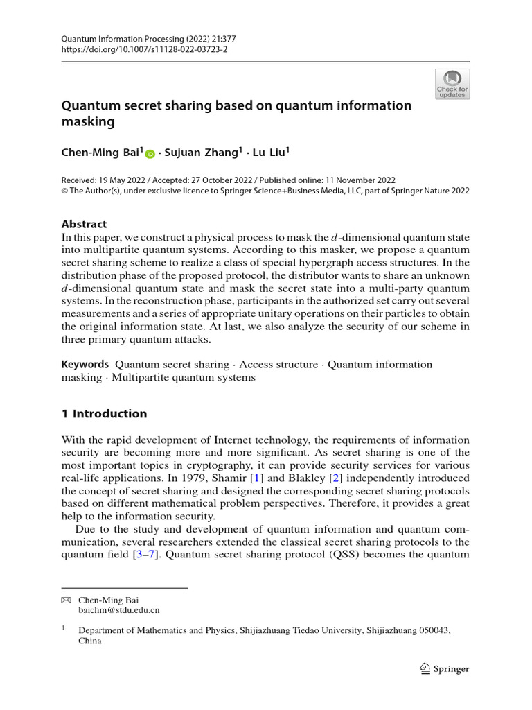 Quantum Secret Sharing Using Quantum Masking | PDF | Quantum ...