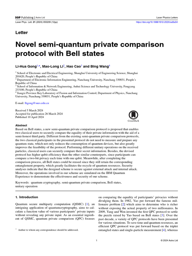 Semi Quantum Private Comparison - Removed | PDF | Physics | Theoretical Physics