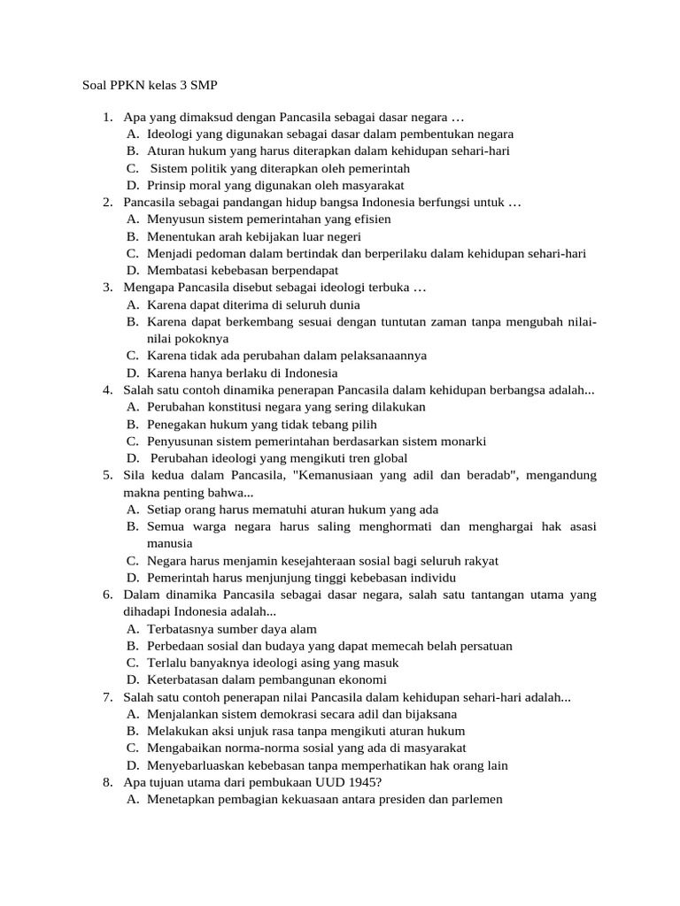 Soal Us PPKN Kelas 3 SMP | PDF