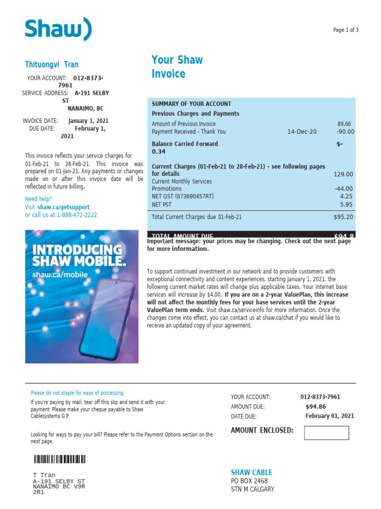 Shaw Invoice and Payment Options | PDF | Invoice | Phishing