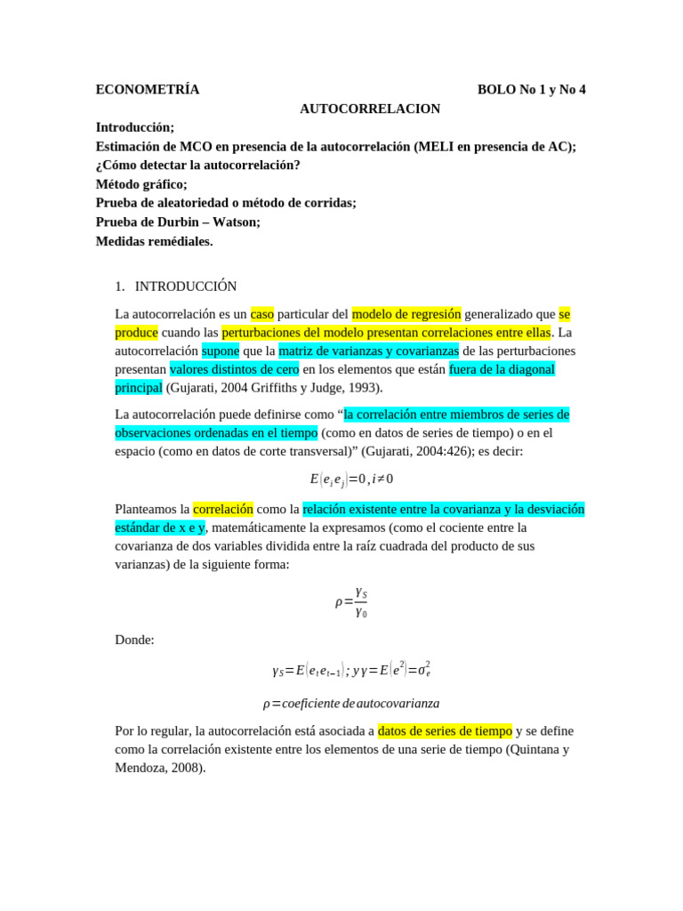 Bolo 1-4 Autocorrelacion | PDF | Mínimos cuadrados ordinarios | Estimador