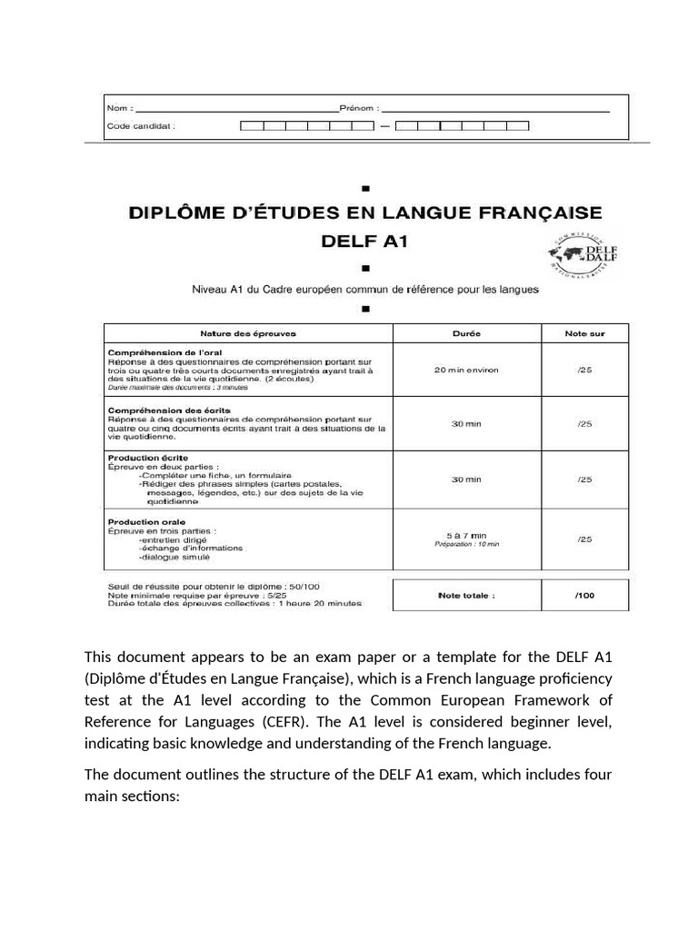 A1 French Exam Paper Pattern | PDF