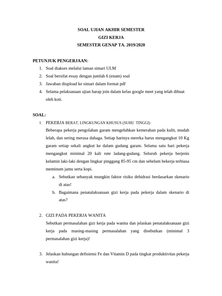 SOAL UAS - Gizi Kerja - Essay | PDF