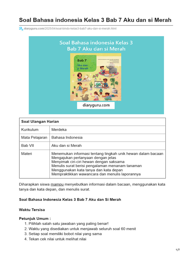 Soal Bahasa Indonesia Kelas 3 Bab 7 Aku Dan Si Merah | PDF