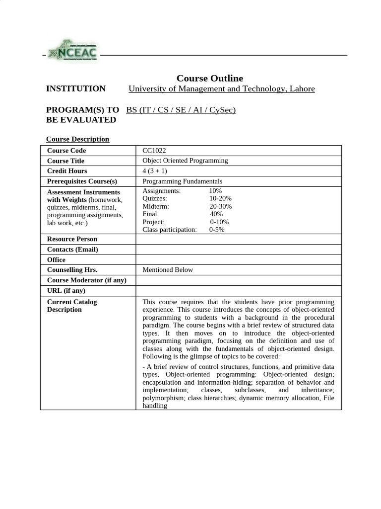 CC1022 OOP F2024 Outline | PDF | Object Oriented Programming | Class (Computer Programming)
