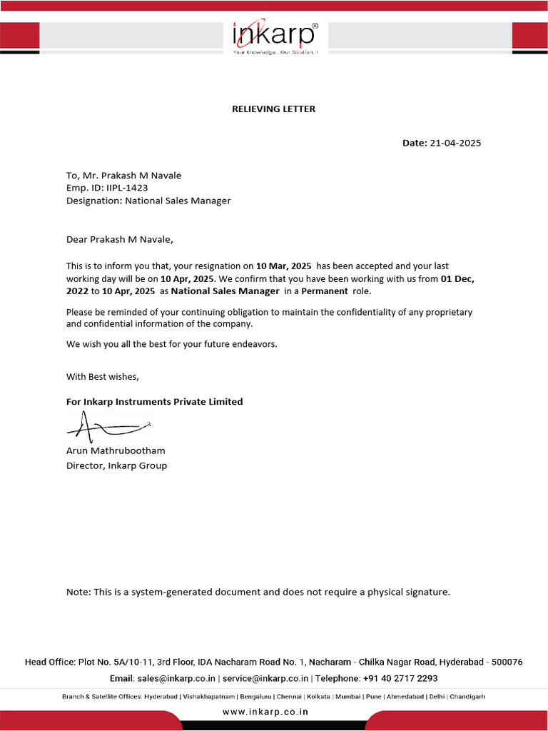 Relieving Letter for Prakash Navale | PDF