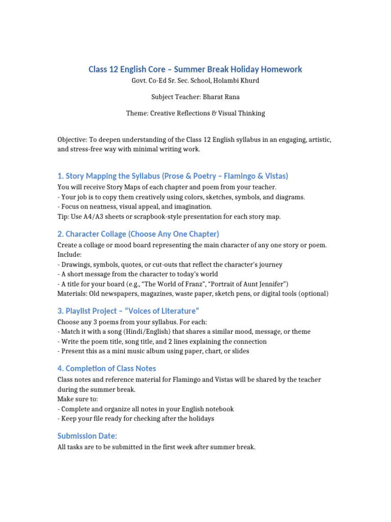 Class 12 English Summer Homework | PDF