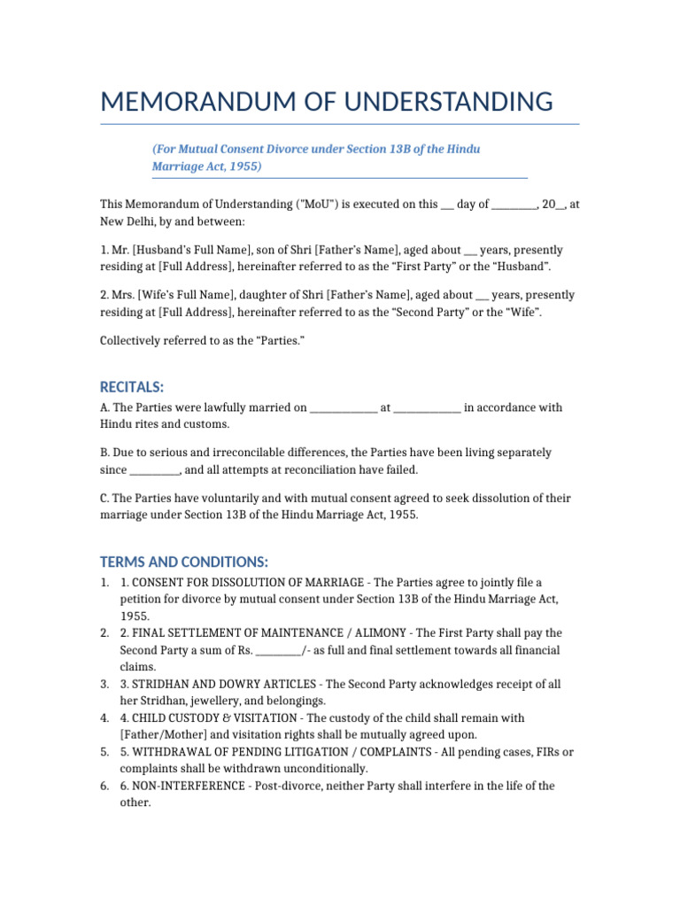 MOU Mutual Divorce Legal Format | PDF | Divorce | Marriage