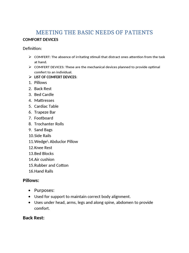 Meeting The Basic Needs of Patients | PDF | Bed | Pillow