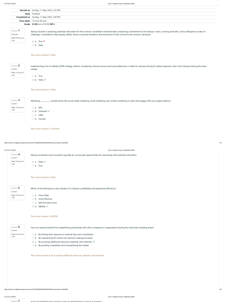 Startup Quiz 3: Key Concepts Review | PDF | Sales | Startup Company