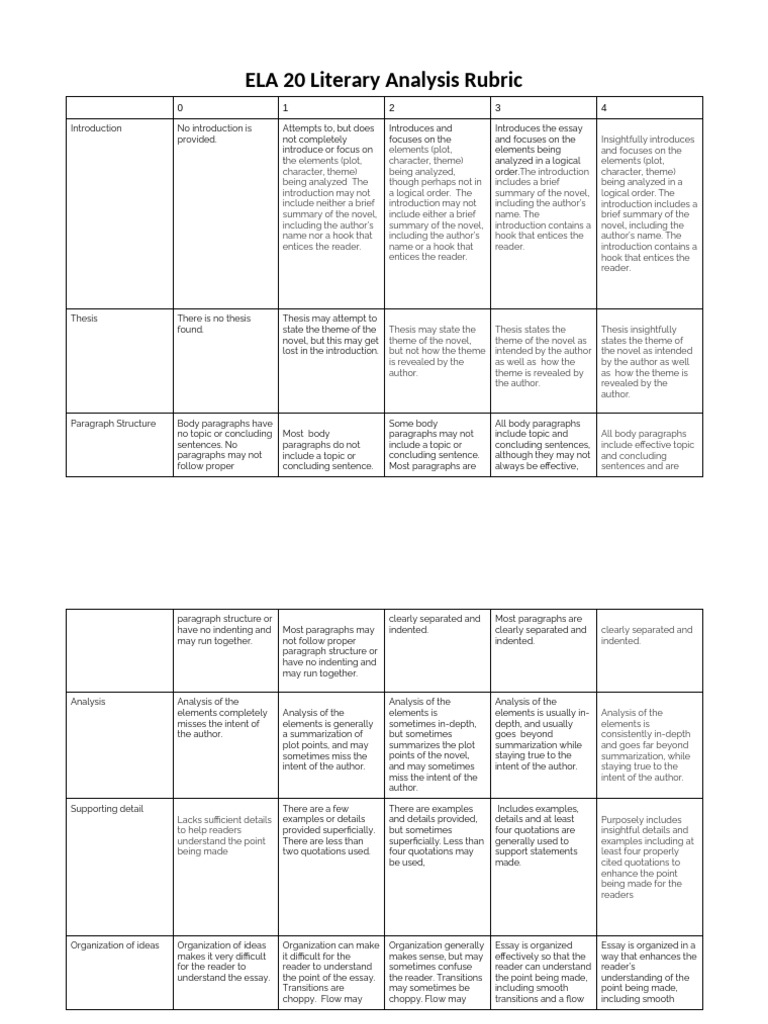 ELA 20 Lit Analysis Rubric | PDF | Paragraph | Human Communication