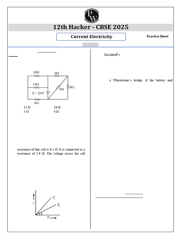 Current Electricity _ Practice Sheet __ 12th Hacker - CBSE 2025 | PDF | Series And Parallel ...