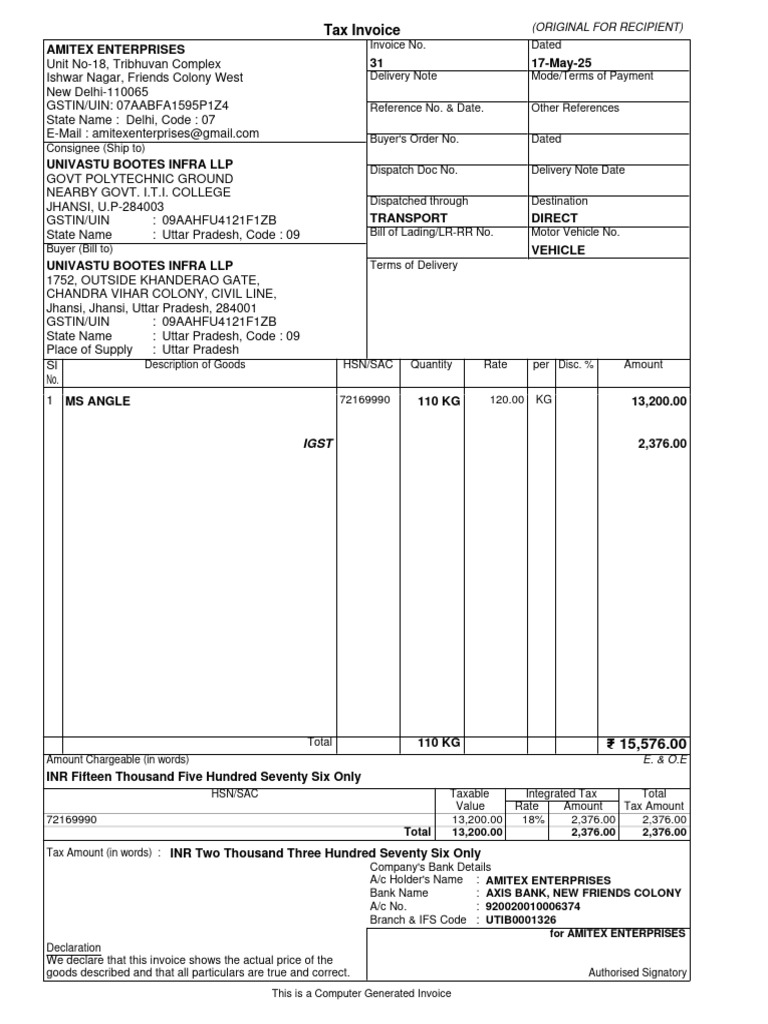 Tax Invoice for Univastu Bootes Infra | PDF | Payments | Taxes