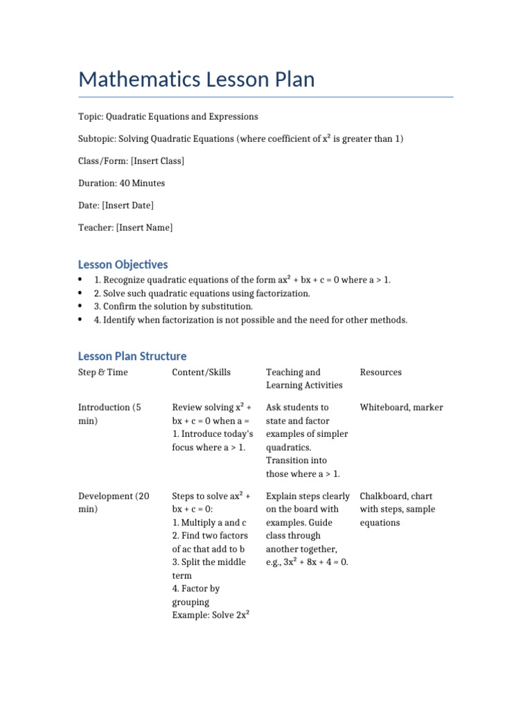 Quadratic Equations Lesson Plan | PDF | Quadratic Equation | Factorization