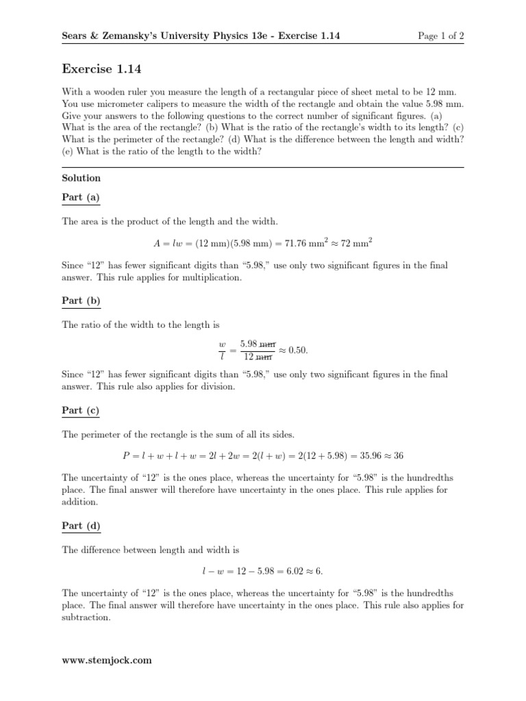 Sears & Zemansky's University Physics 13e - Exercise 1.14 | PDF | Length | Significant Figures