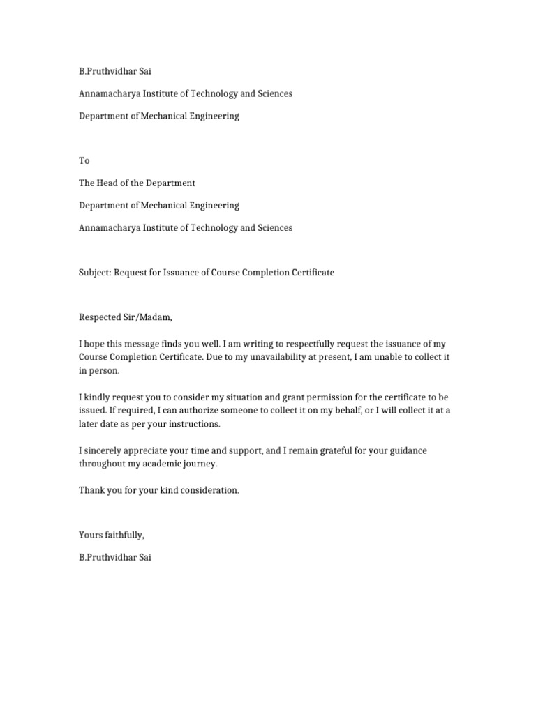 Request For Course Completion Certificate | PDF