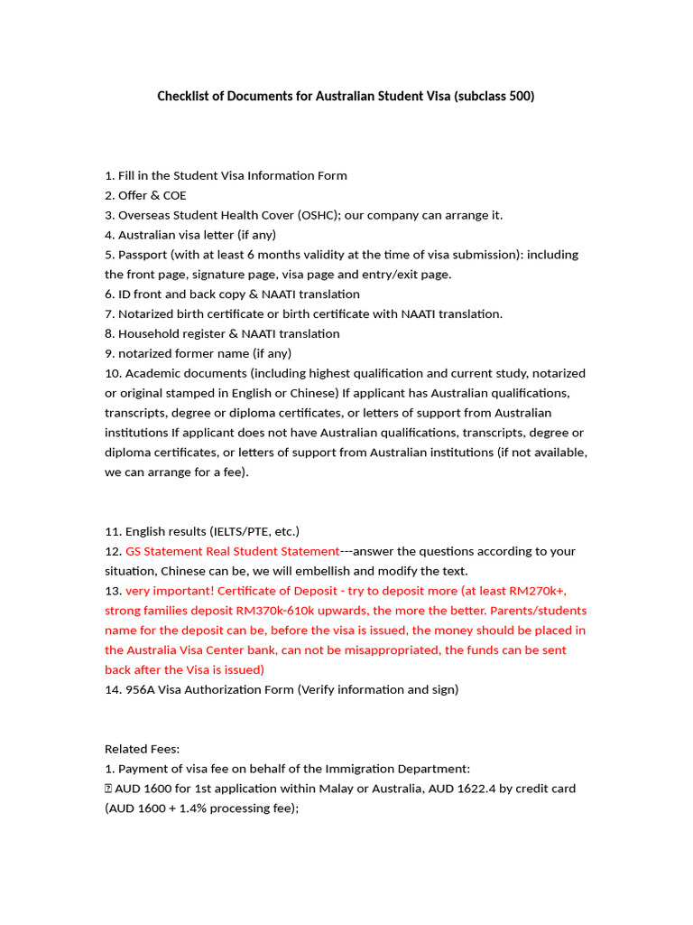 Checklist of Documents For Australian Student Visa | PDF
