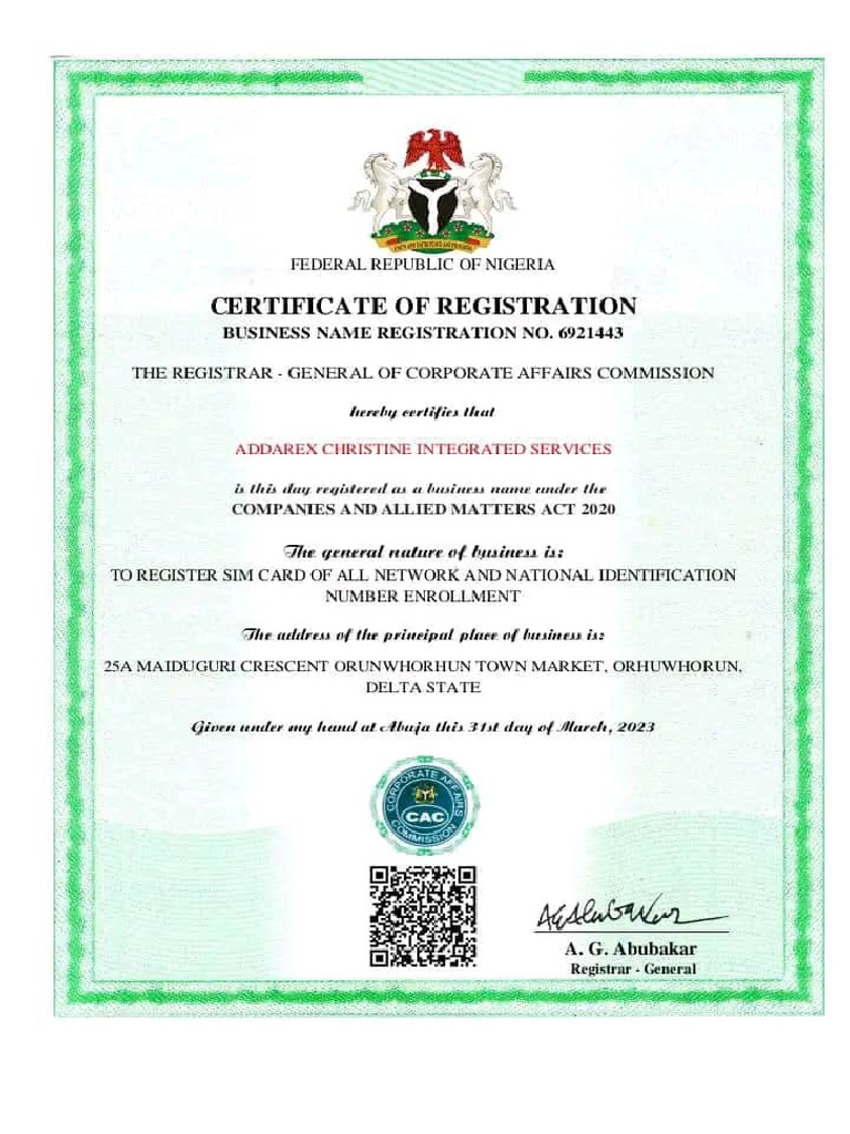 Nigerian Cooperation Certificate | PDF