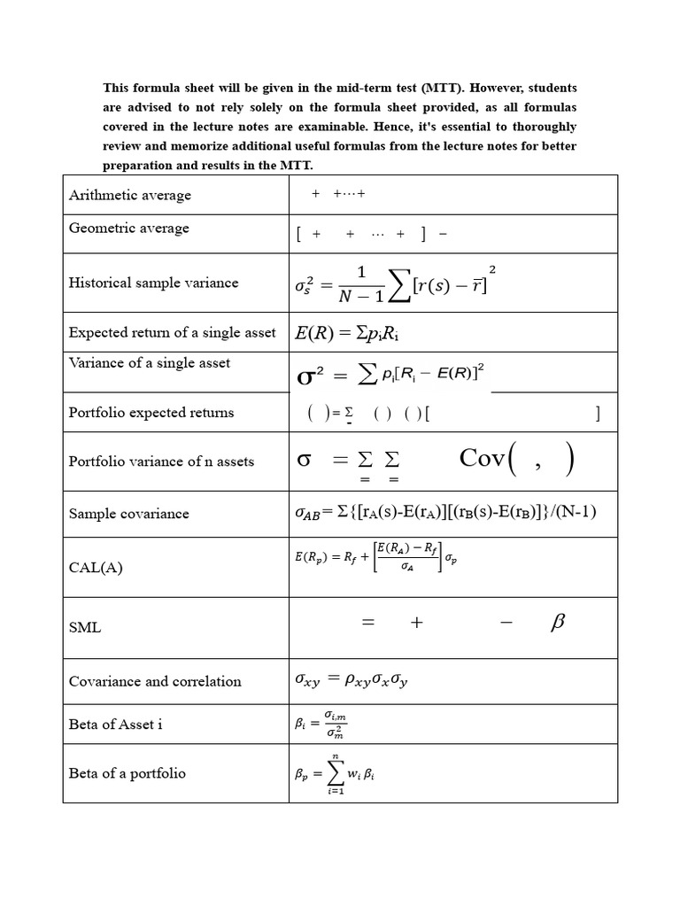 Formula Sheet For MTT 2024 | PDF