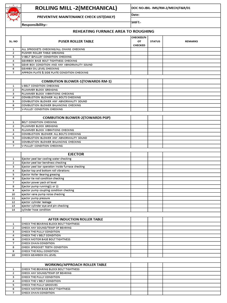 Daily Preventive Maintenance Checklist | PDF | Gear | Belt (Mechanical)