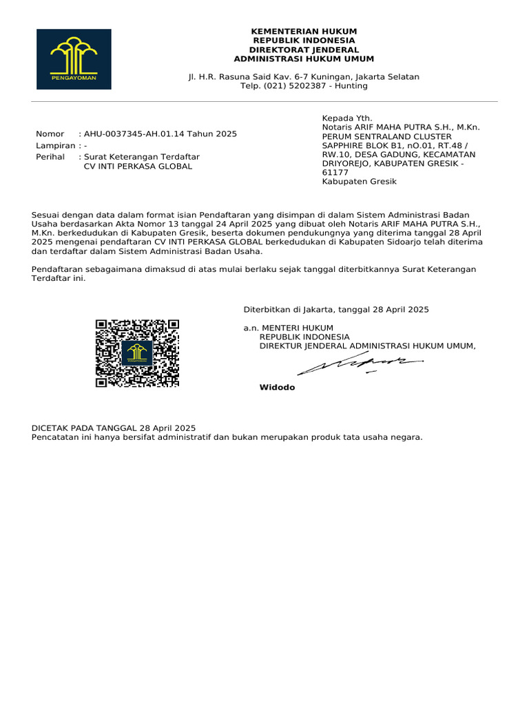 Surat Keterangan Terdaftar AHU-0037345-AH.01.14 Tahun 2025 | PDF