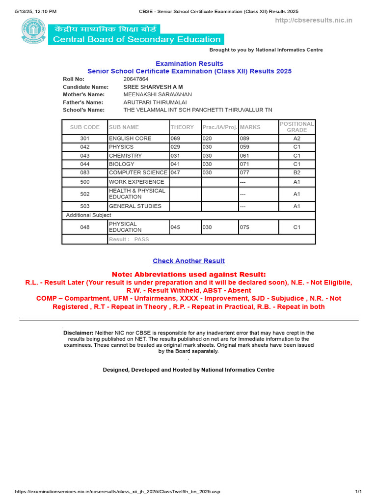 CBSE - Senior School Certificate Examination (Class XII) Results 2025 ...