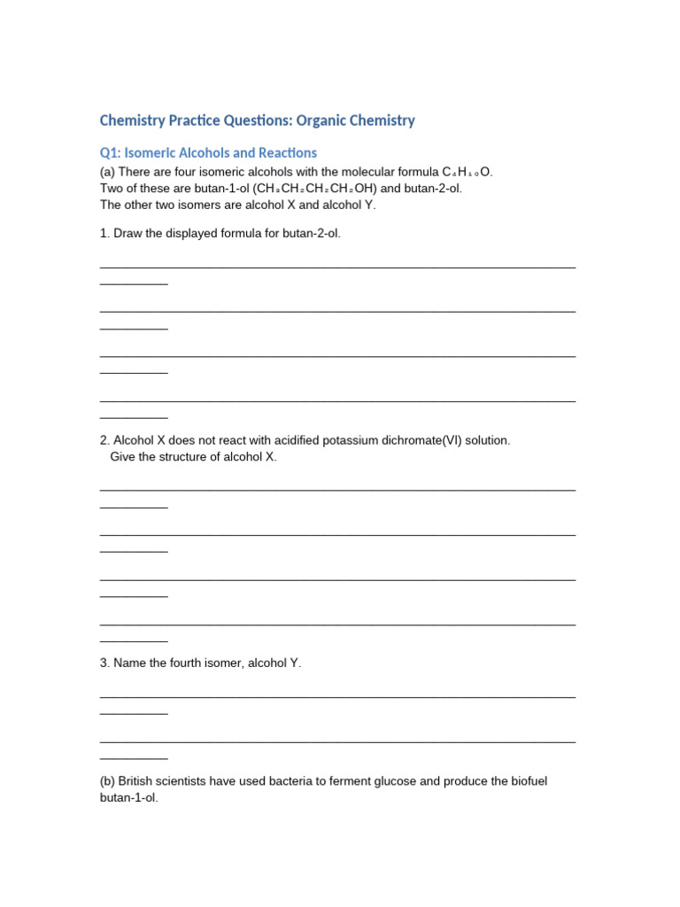 Organic Chemistry Practice Questions With Answer Spaces | PDF | Isomer ...