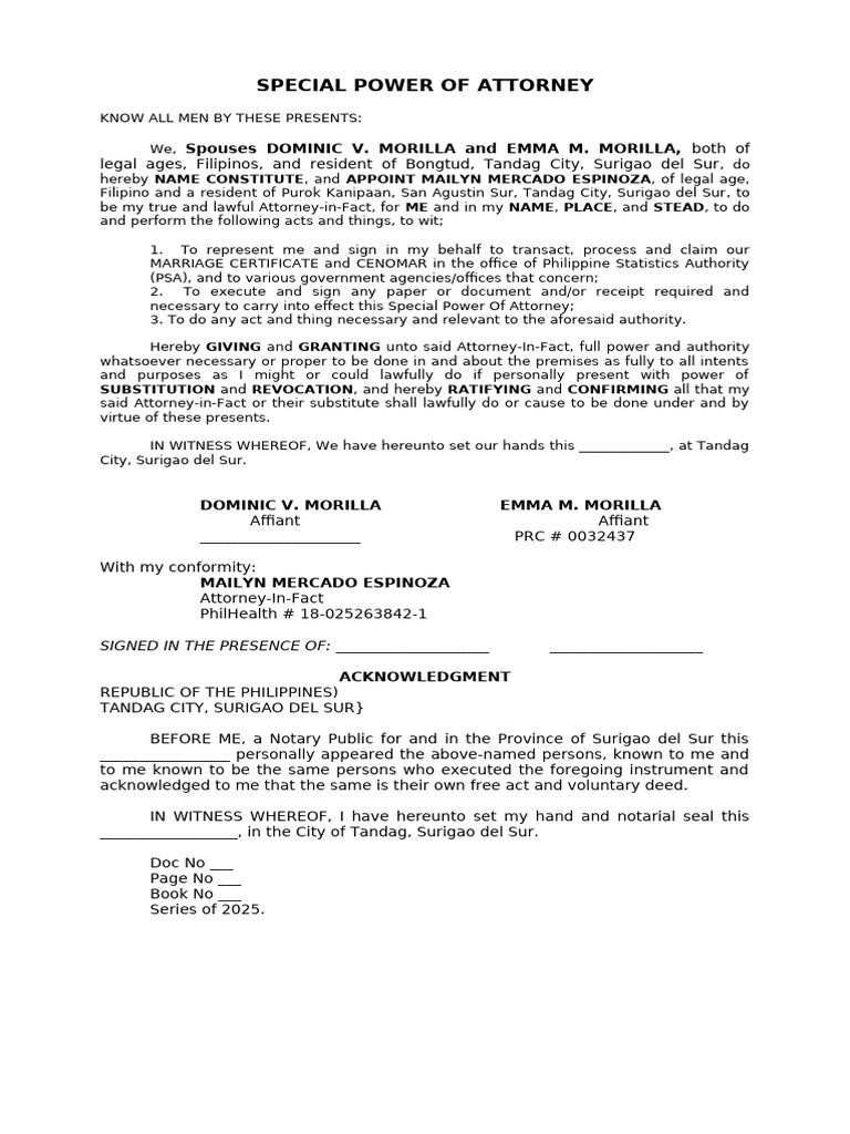 Special Power of Attorney - Morilla To Espinoza | PDF | Power Of ...
