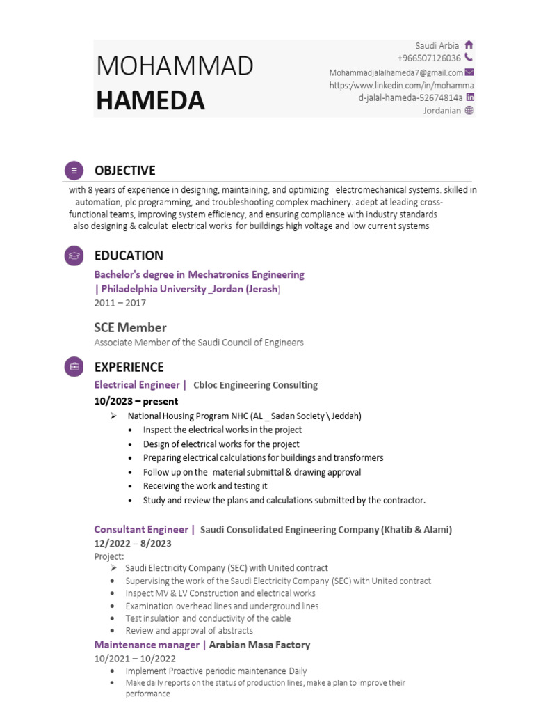 Eng - Mohammad Jalal Resume1 | PDF | Electricity | Mechanical Engineering
