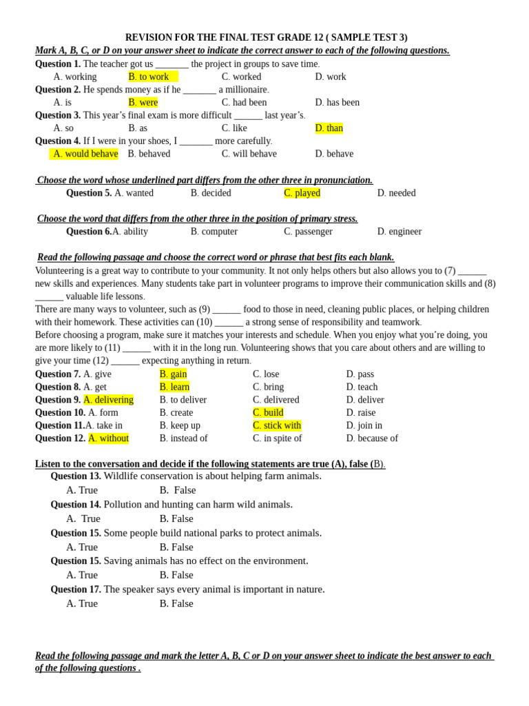 Keys GRADE 12 SAMPLE TEST 3 | PDF | Recycling | Plastic