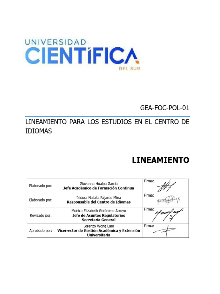 GEA-FOC-POL-01 Lineamientos para Los Estudios en El Centro de Idiomas ...