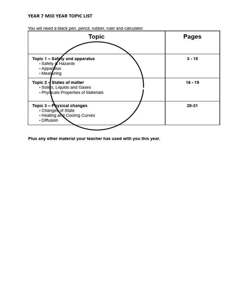Year 7 Science Mid-Year Topics List | PDF