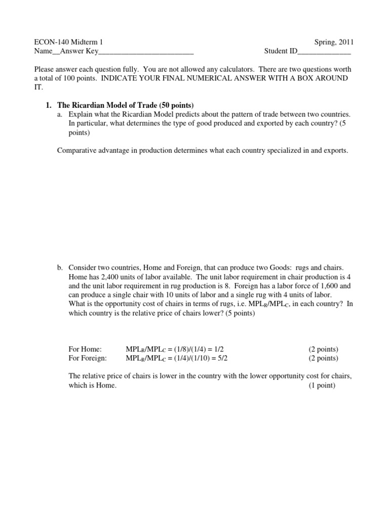 Midterm 1 Answer Key Exam | PDF | Comparative Advantage | Labour Economics