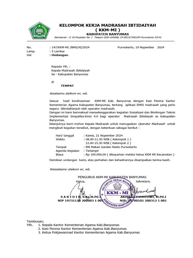 Surat KKM MI Bms Nop 2024 - Und Peserta - Operator | PDF