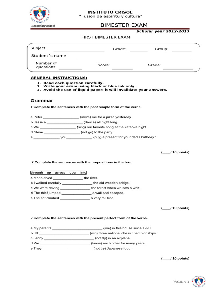 2DO. EXAMEN BIMESTRAL INSTITUTO CRISOL_INGLÉS | PDF | Linguistics