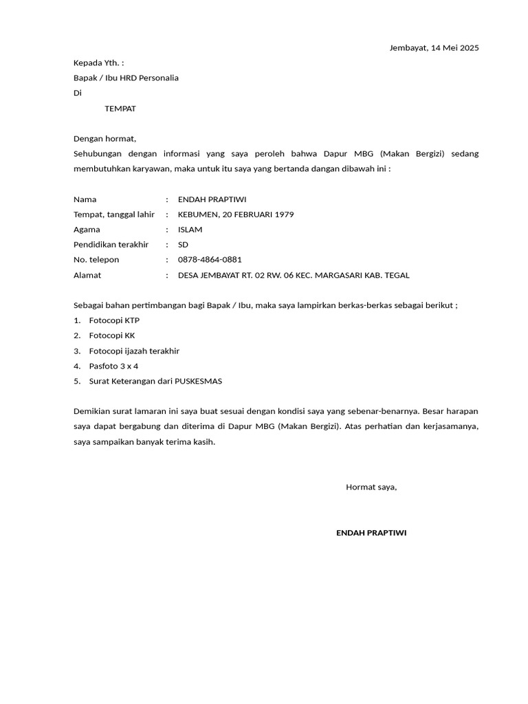 Surat Lamaran DAPUR MBG | PDF