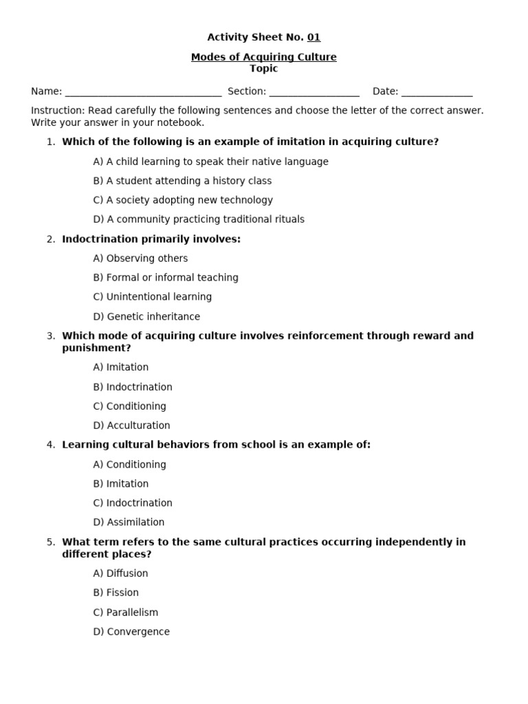 Activity Sheet No 2 Modes of Acquiring Culture | PDF | Cultural Assimilation | Learning