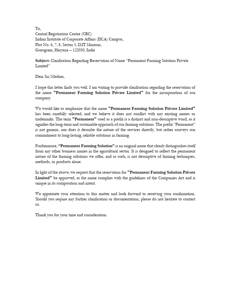 Name Reservation Clarification Letter | PDF