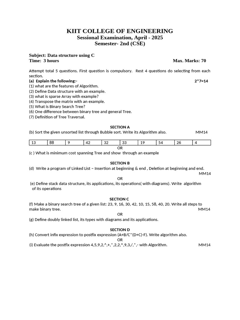 Data Structure Semester QP | PDF