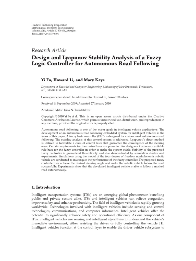 Design and Lyapunov Stability Analysis of A Fuzzy Logic Controller For Autonomus Road Following ...
