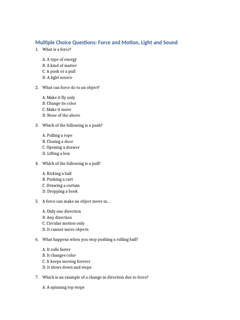 Force and Motion Light and Sound Questions | PDF | Light | Force