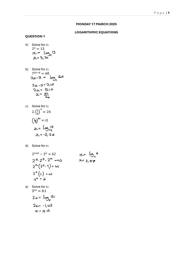 17 MARCH 2025 LOGARITHMIC EQUATIONS | PDF