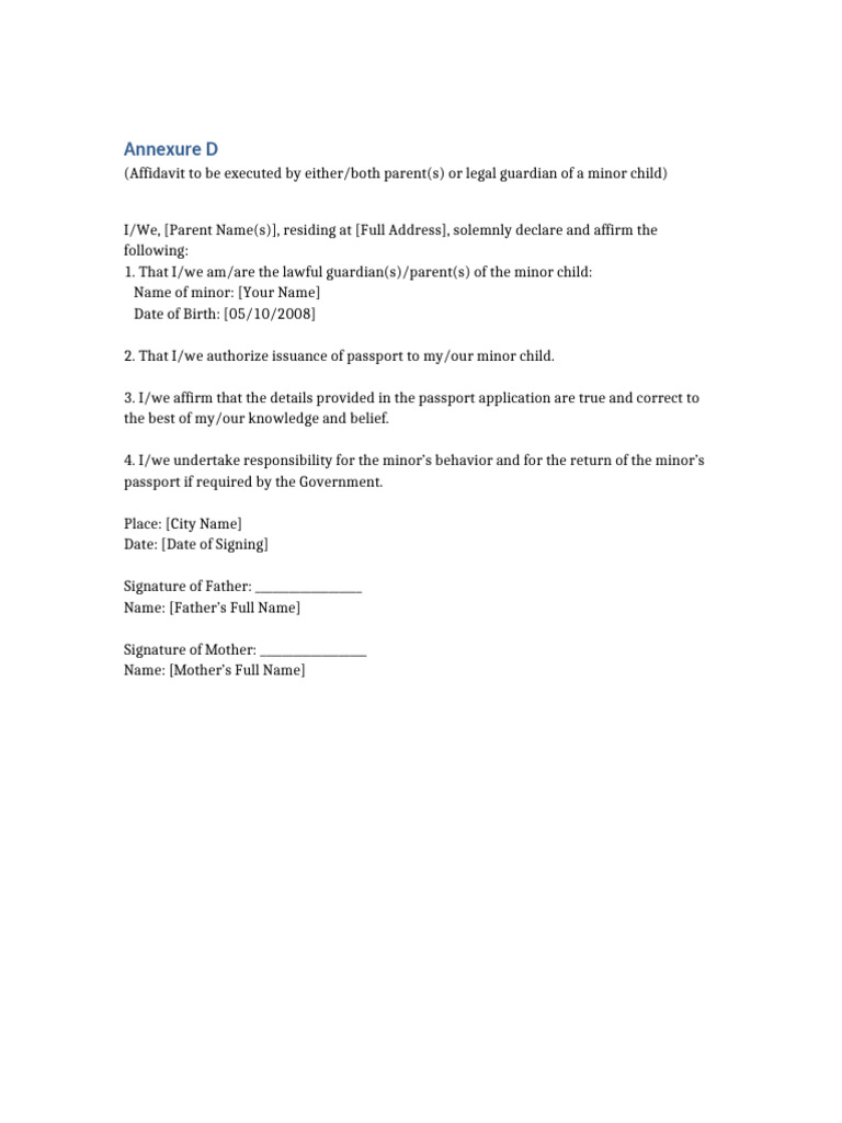 Annexure D Minor Passport Affidavit | PDF