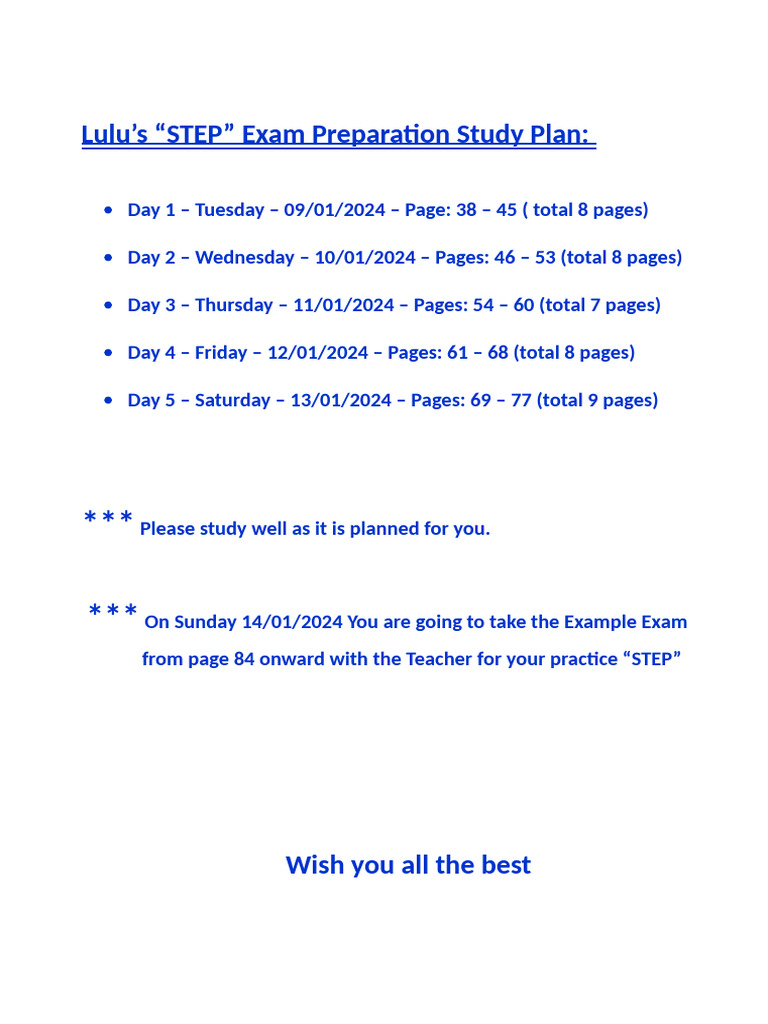 STEP Exam Preparation Study Plan for Student Lulu | PDF
