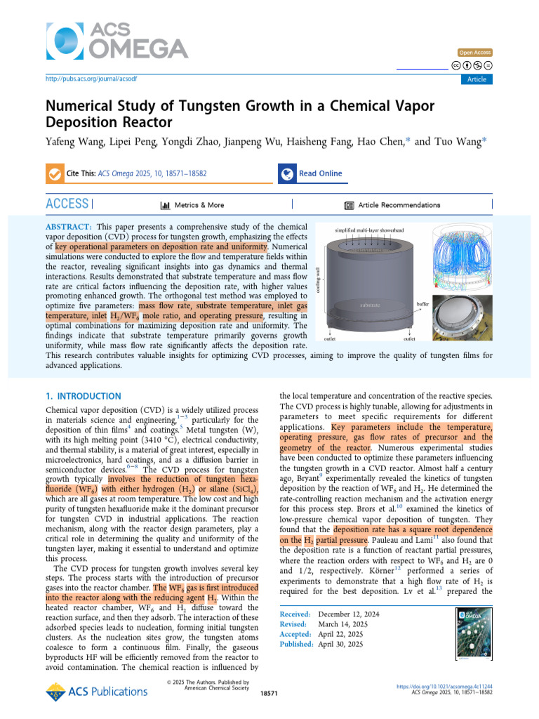 Numerical Study of Tungsten Growth in A Chemical Vapor Deposition ...
