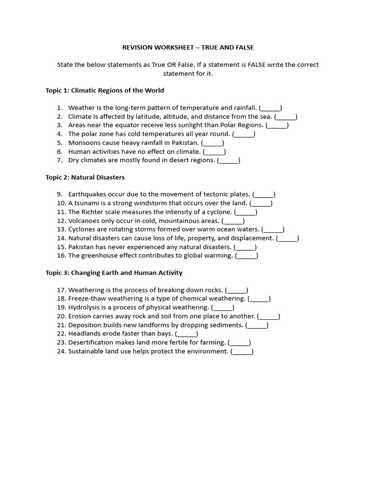True or False Revision Worksheet on Climate and Disasters | PDF