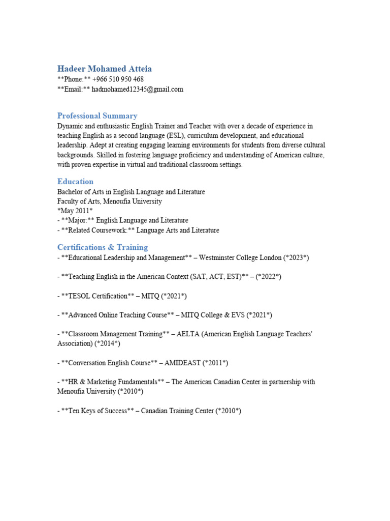 Hadeer Mohamed Atteia CV | PDF | English As A Second Or Foreign Language | Pedagogy