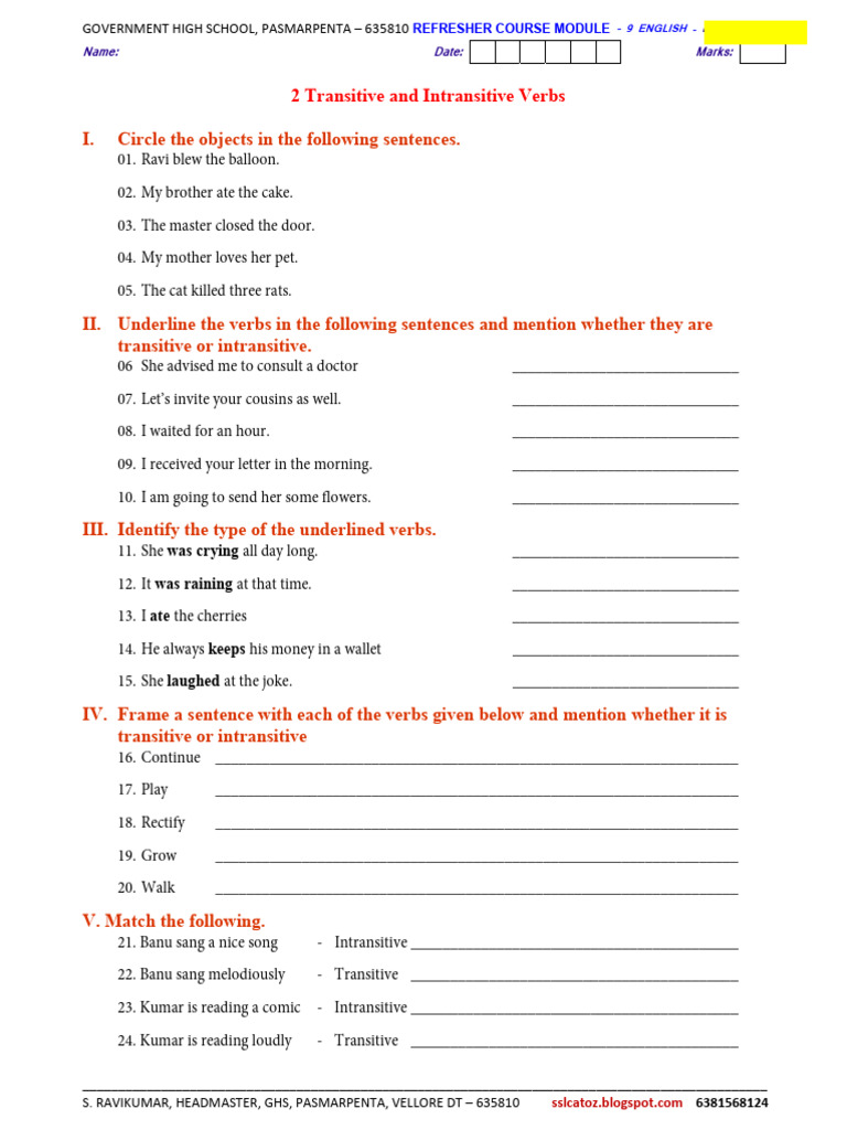 English RCM Test - 02 Transitive and Intransitive Verbs | PDF ...
