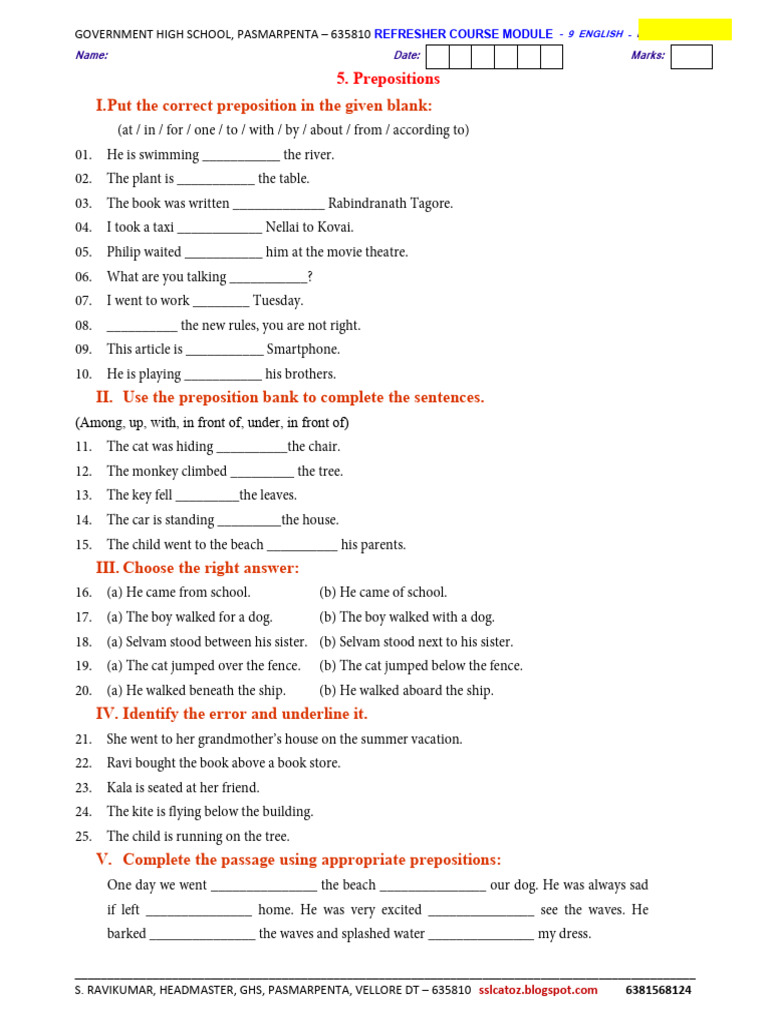 English RCM Test - 05 Prepositions | PDF