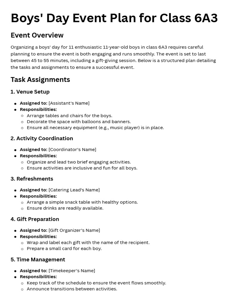 Boys' Day Event Plan For Class 6A3 | PDF